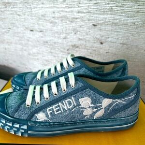 Fendi | Shoes | Fendi Denim Logo Rose Embroidered Womens Domino Low Top Sneakers Us 9eu 39 ...